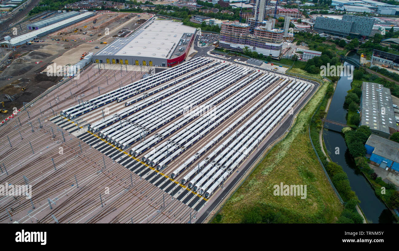 Picture shows Crossrail's new Bombardier Class 345 trains sitting in ...