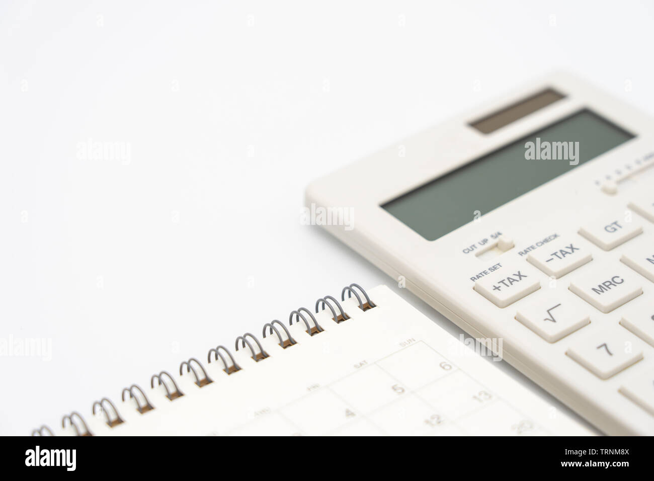 Flat lay of top view office table desk with Calendar, calculators pens ...