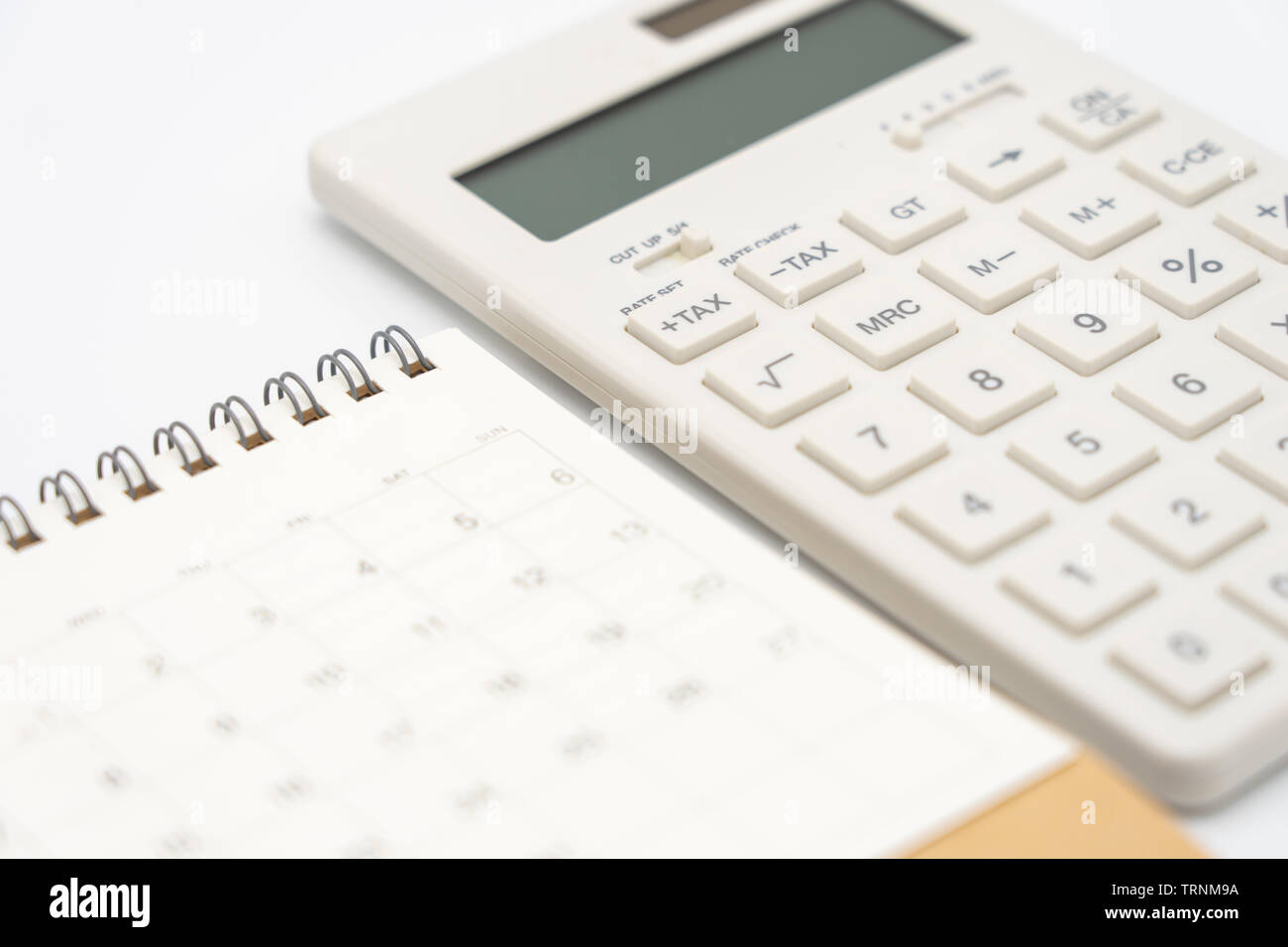 Flat lay of top view office table desk with Calendar, calculators pens ...
