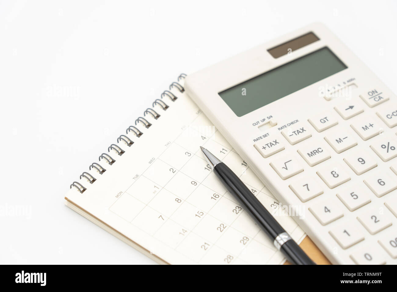 Flat lay of top view office table desk with Calendar, calculators pens ...