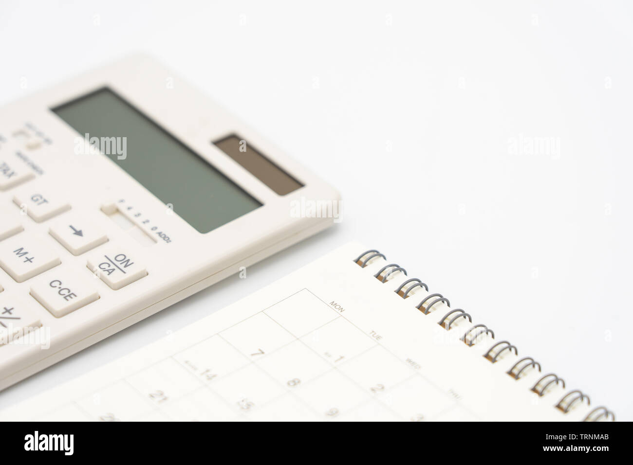 Flat lay of top view office table desk with Calendar, calculators pens ...