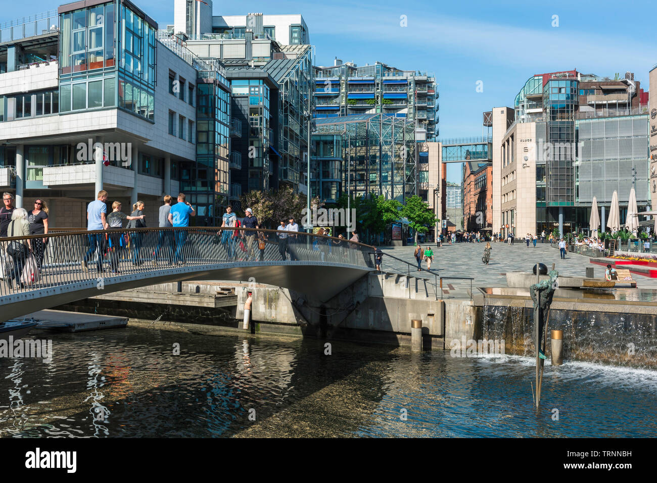 Oslo Aker Brygge, view of modern buildings in Bryggertorget in the Aker ...