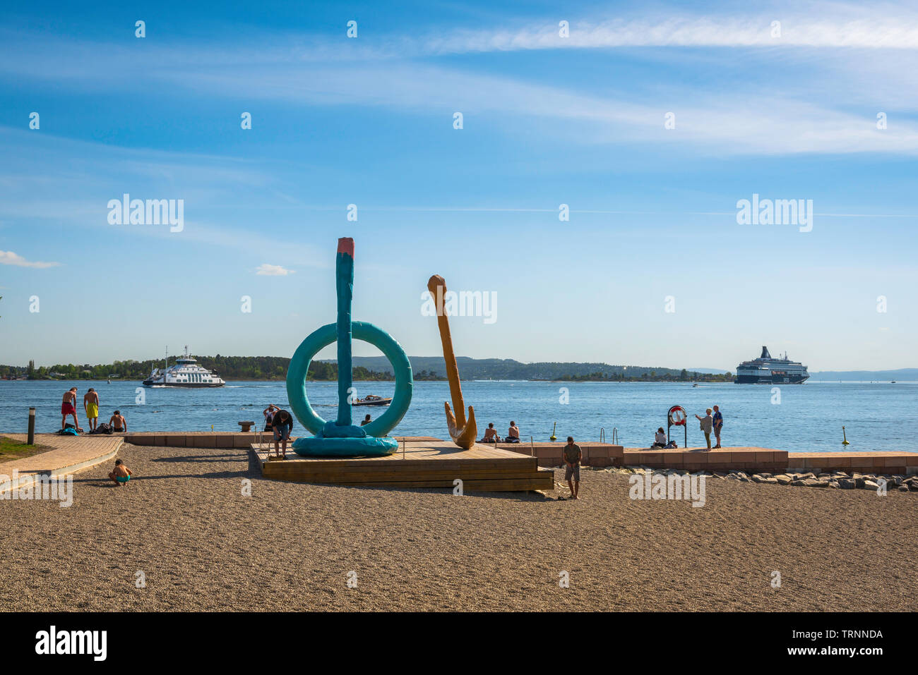 Oslo beach, view of Tjuvholmen City Beach in the harbour area of Oslo ...