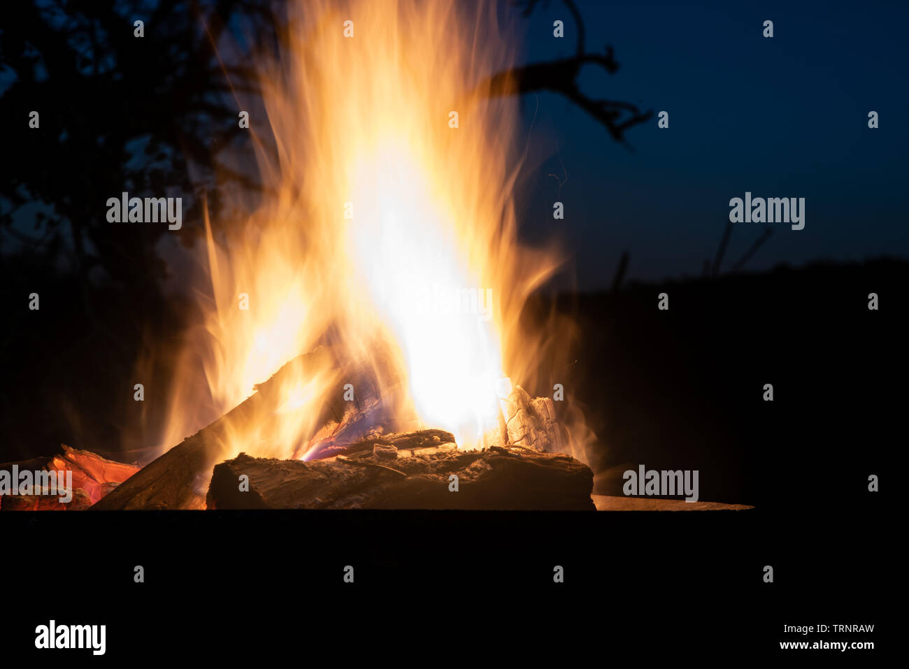 The flames of a campfire at dusk on safari in Africa, Hluhluwe-iMfolozi ...