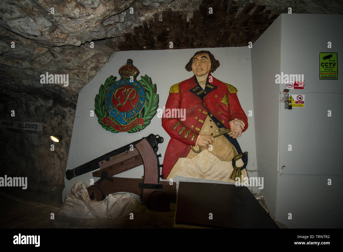 red coat soldier painting GR with mounted gun in Caves Gibraltar Stock ...