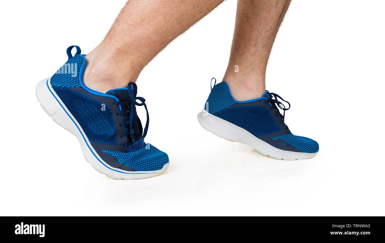 Close up of young man sporty legs running outdoor isolated over white ...