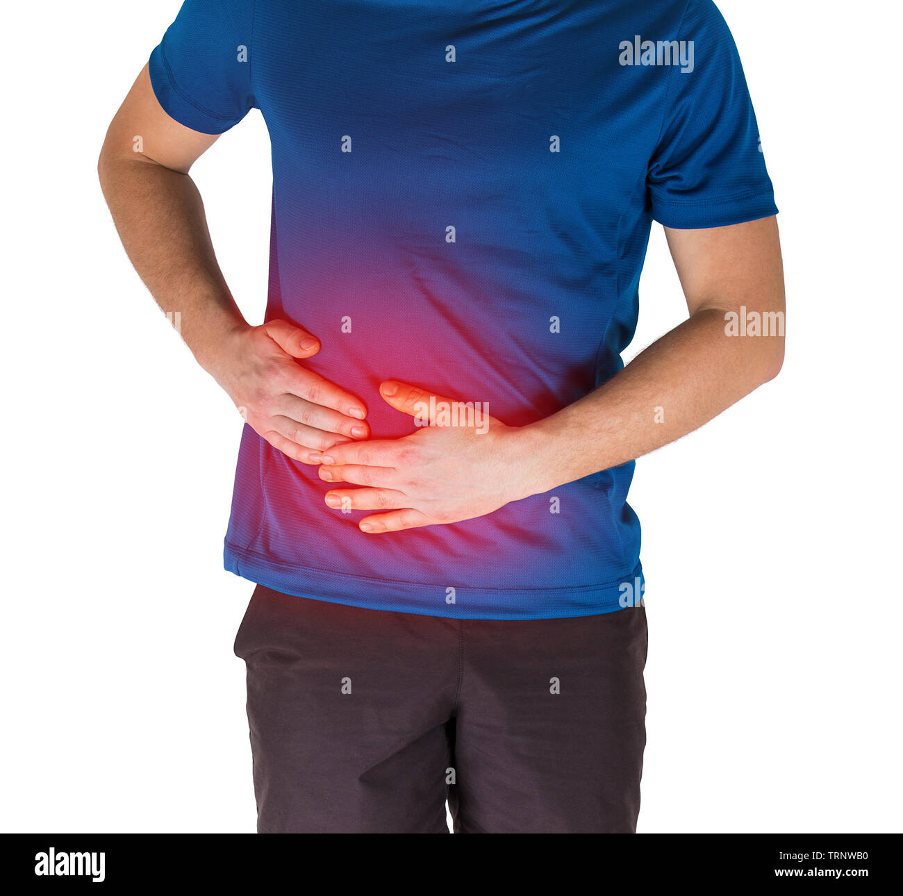 Close up of caucasian man athlete feeling stomach pain and side stitch ...