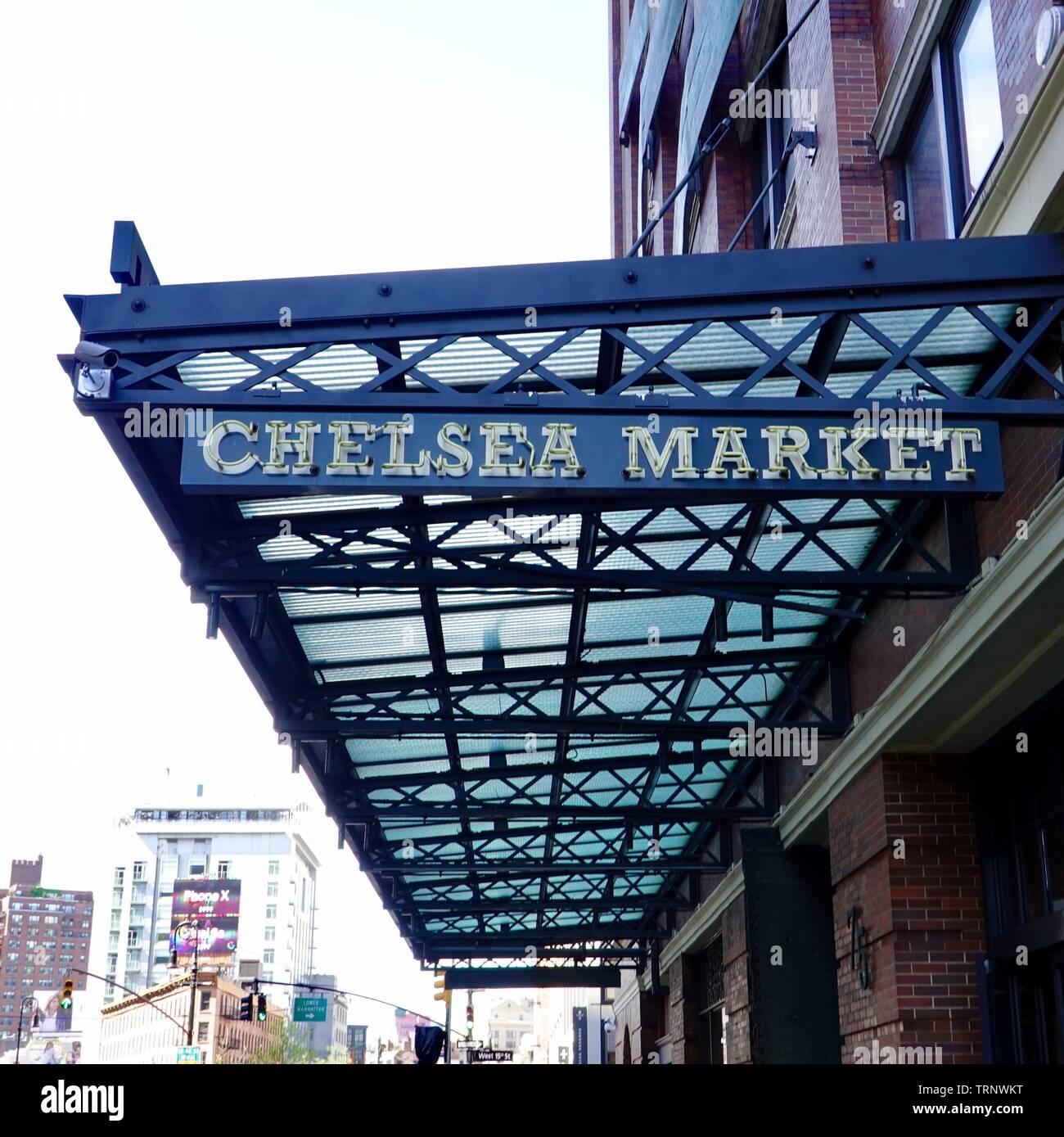 Marque at entrance to Chelsea Market, a food hall, shopping mall ...