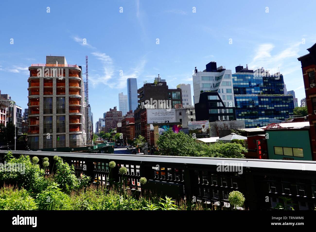 Skyline as seen from the public park, converted rail linear park, the ...