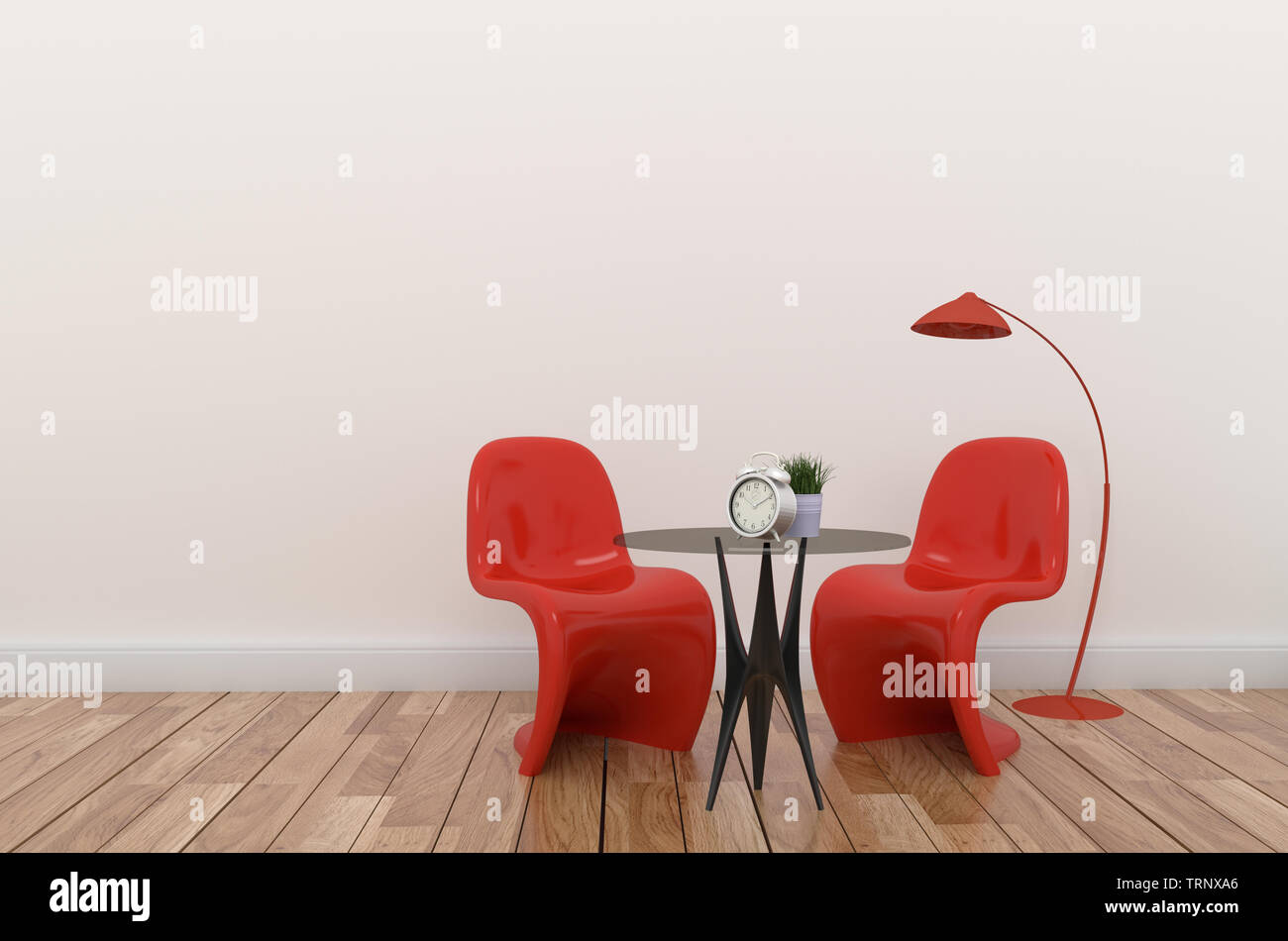 Red chair and rad lamp on empty white wall background. 3D rendering ...