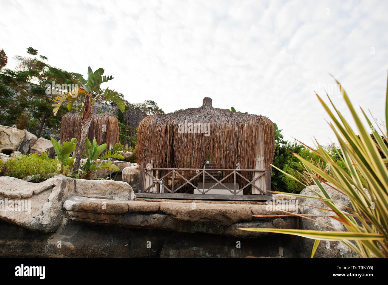 Relaxation straw spa hut zone at Turkey resort Stock Photo - Alamy