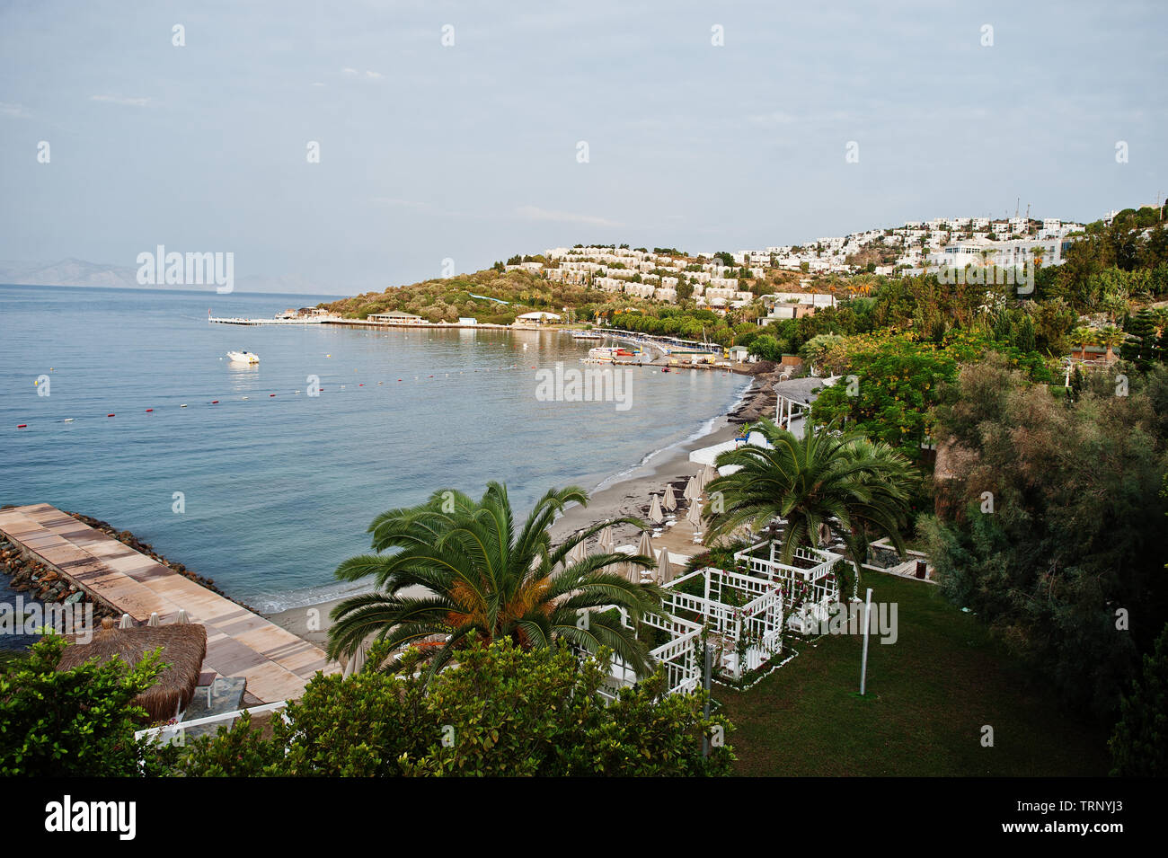 Beautiful tropical sea bay with palms. Scenic landscape with mountain ...