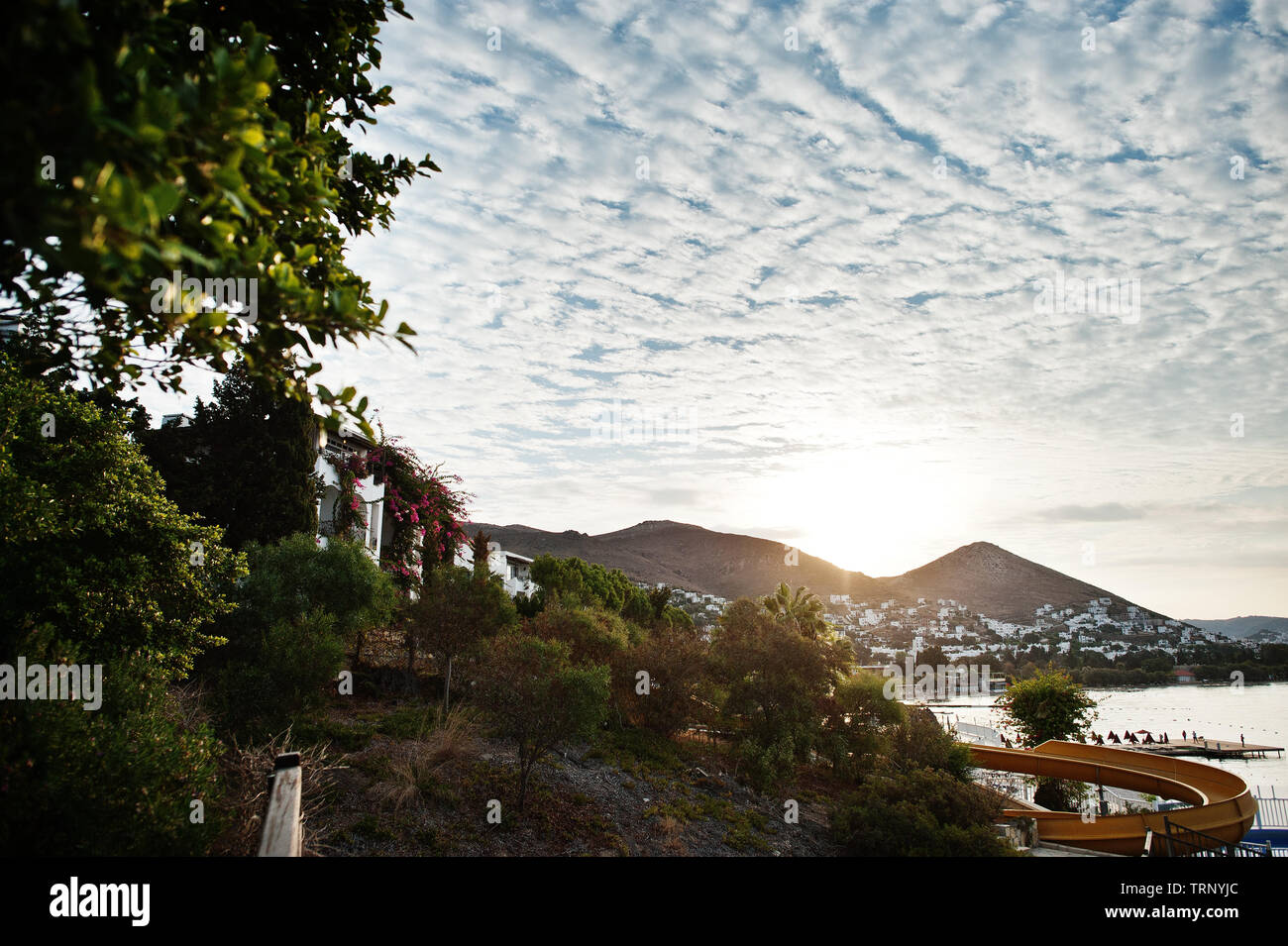 Beautiful tropical sea bay sunset. Scenic landscape with mountain ...