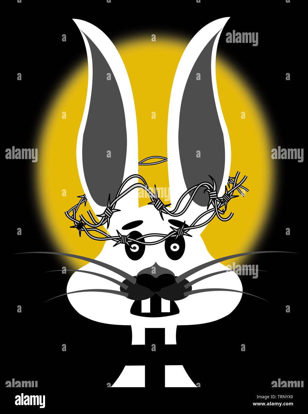 an illustration of a crowned scared little rabbit on black background ...