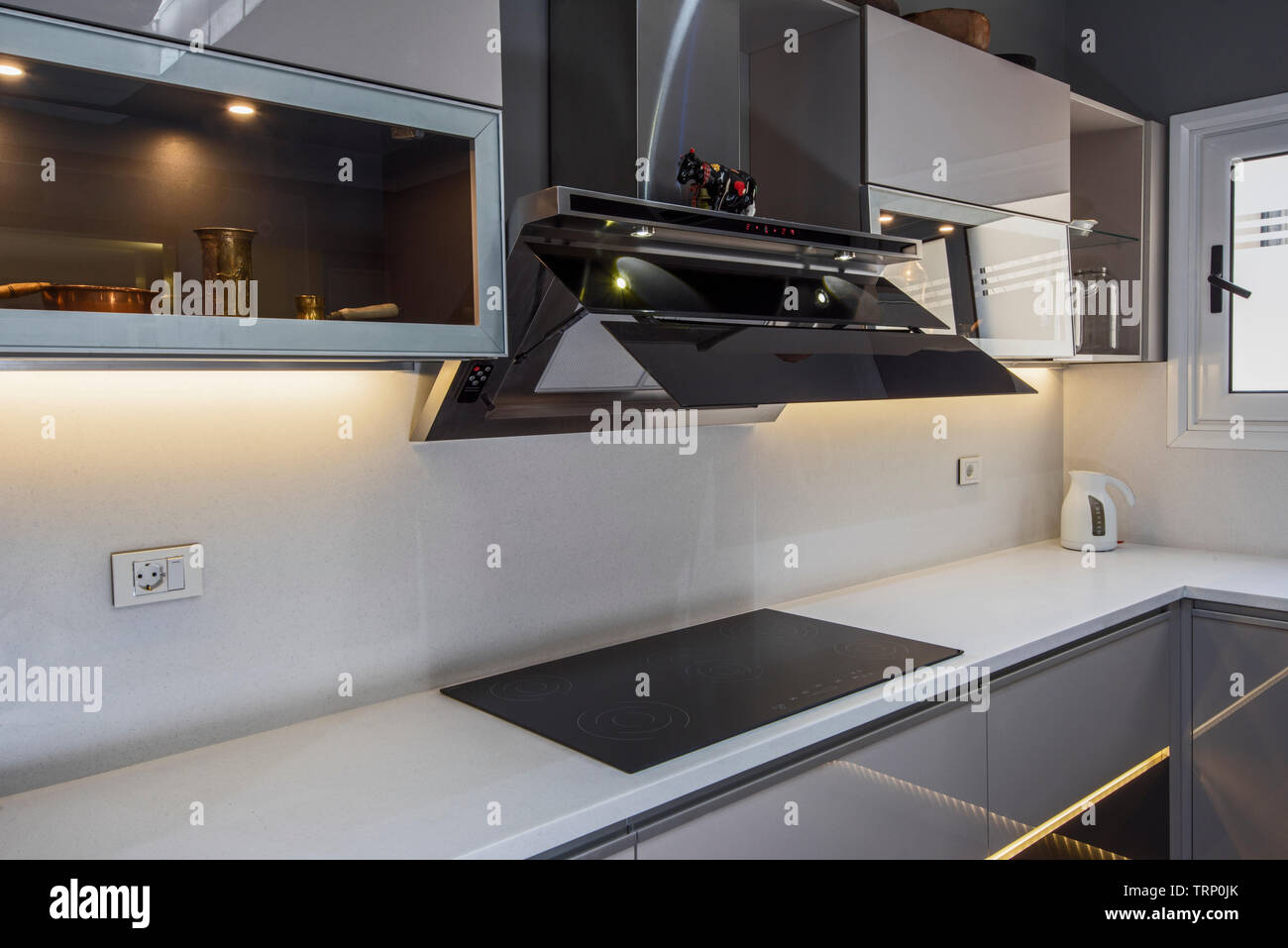 Interior design decor showing modern kitchen cooker hob appliance with ...