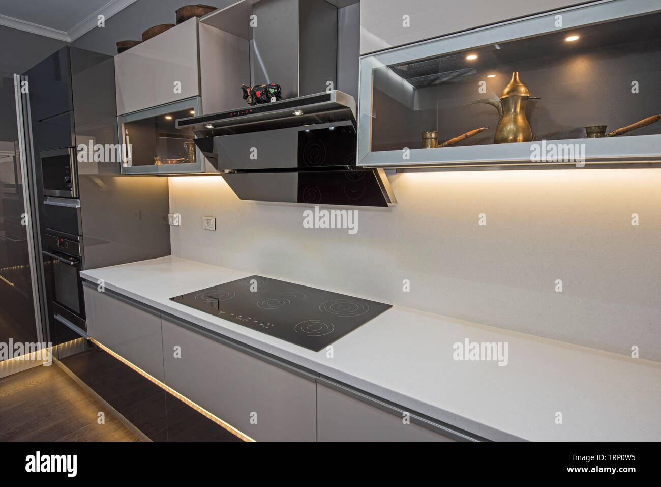 Interior design decor showing modern kitchen cooker hob appliance with ...