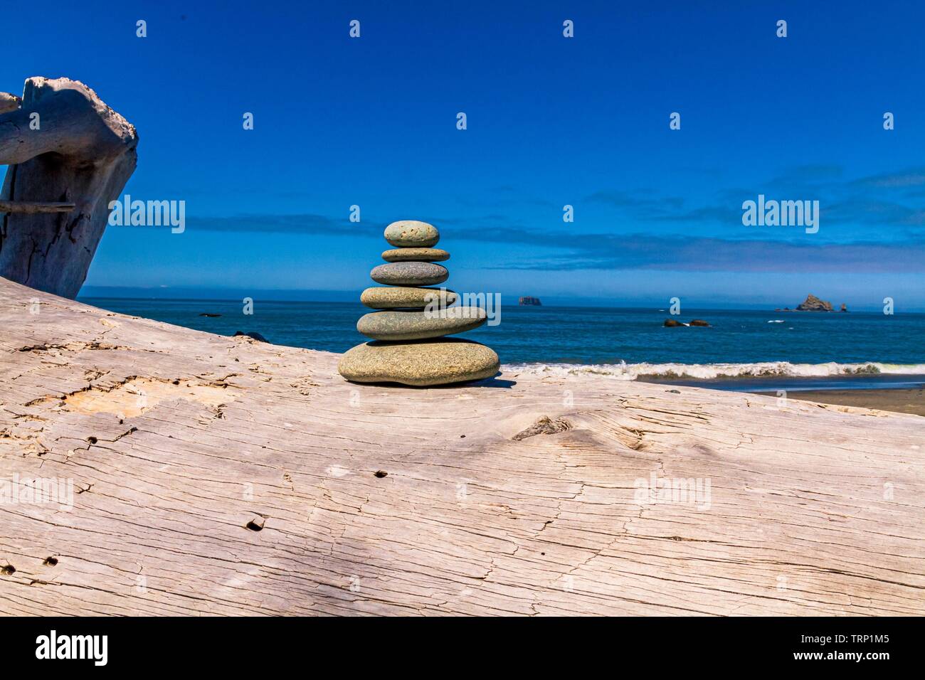 Ruby Beach stone stacks with sea stacks in background Stock Photo - Alamy