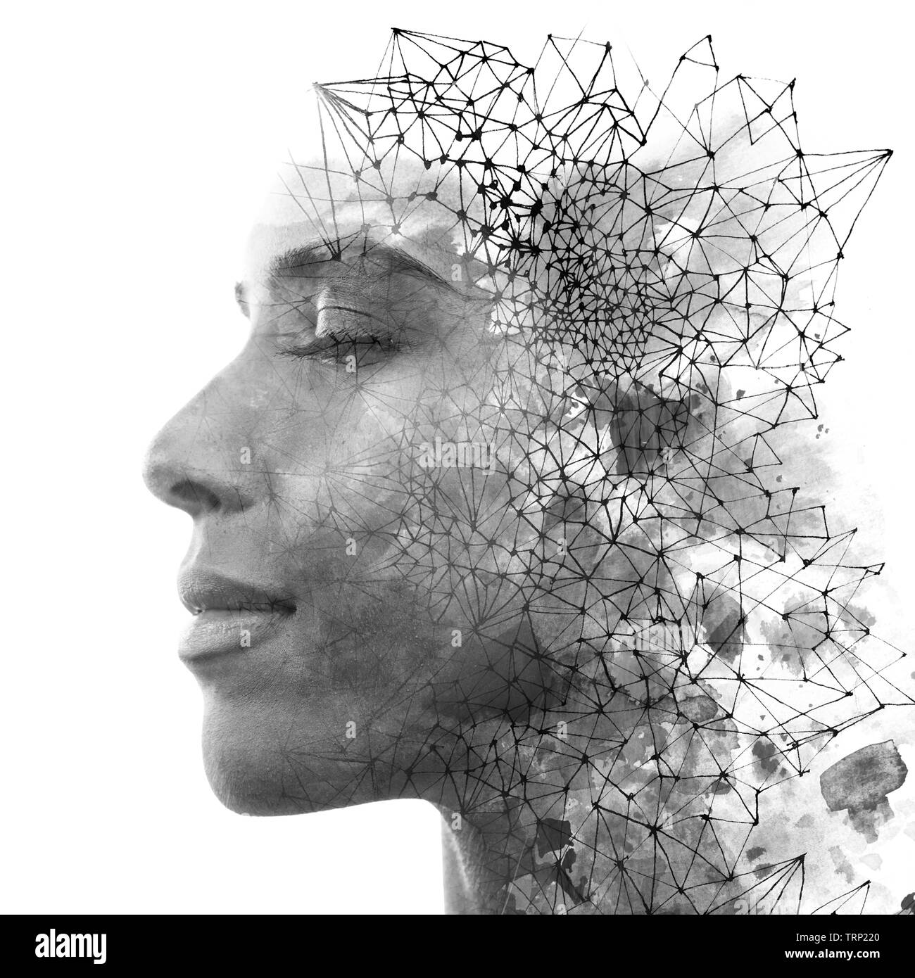 Double exposure. Paintography. Portrait of a beautiful young female ...
