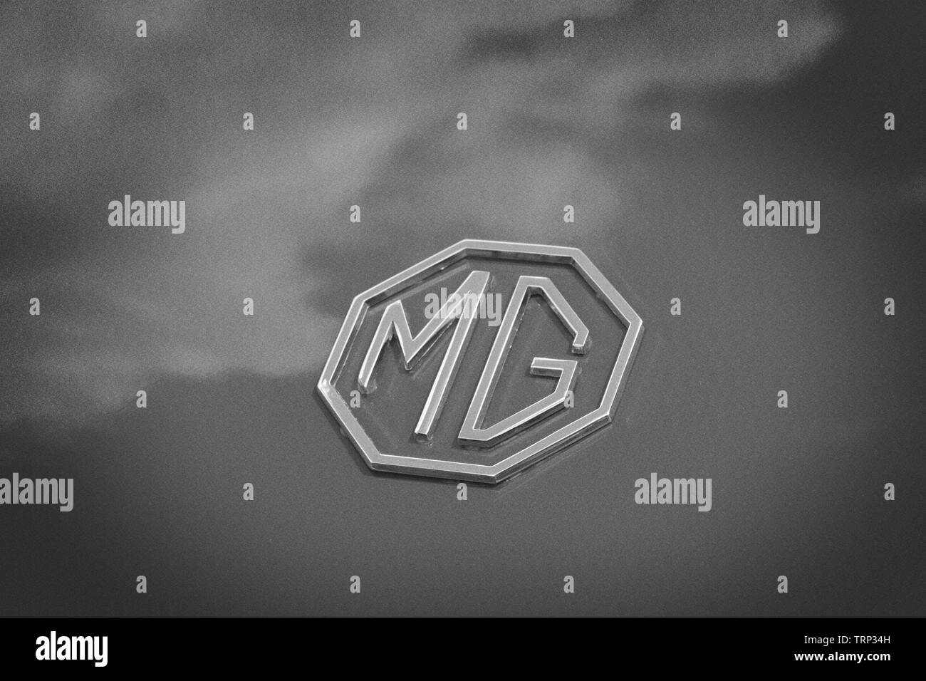 Simple monochrome image of the rear badge on a classic vintage MG ...