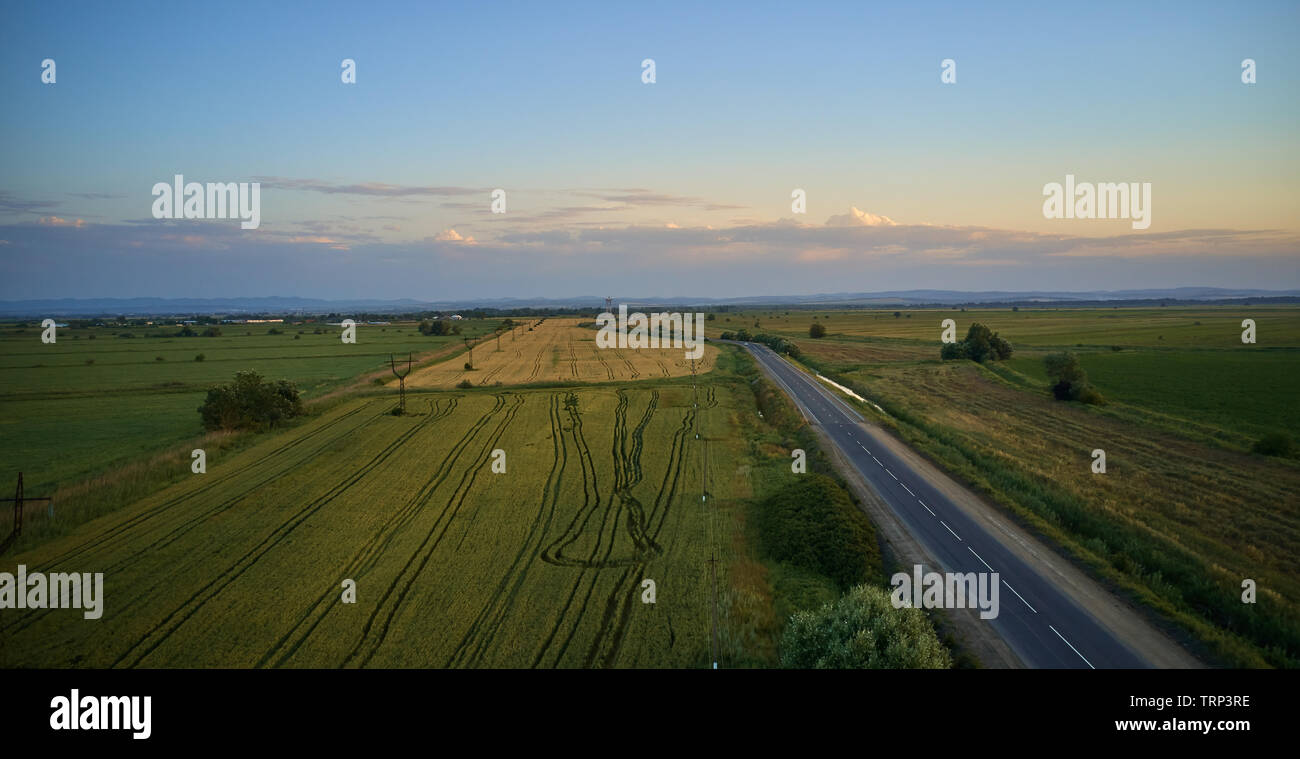 warm sunset over green summer fields Stock Photo - Alamy