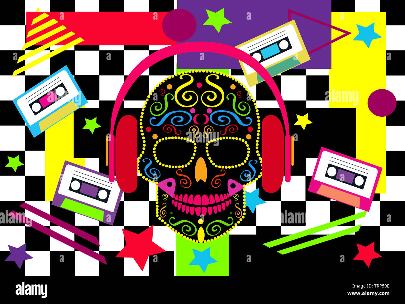 DJ skull icon vivid colors with headphones and cassette tapes Stock ...