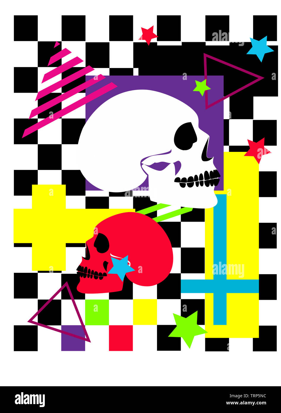 Skull colorful poster with inverted cross, cubes and stars, pop art ...