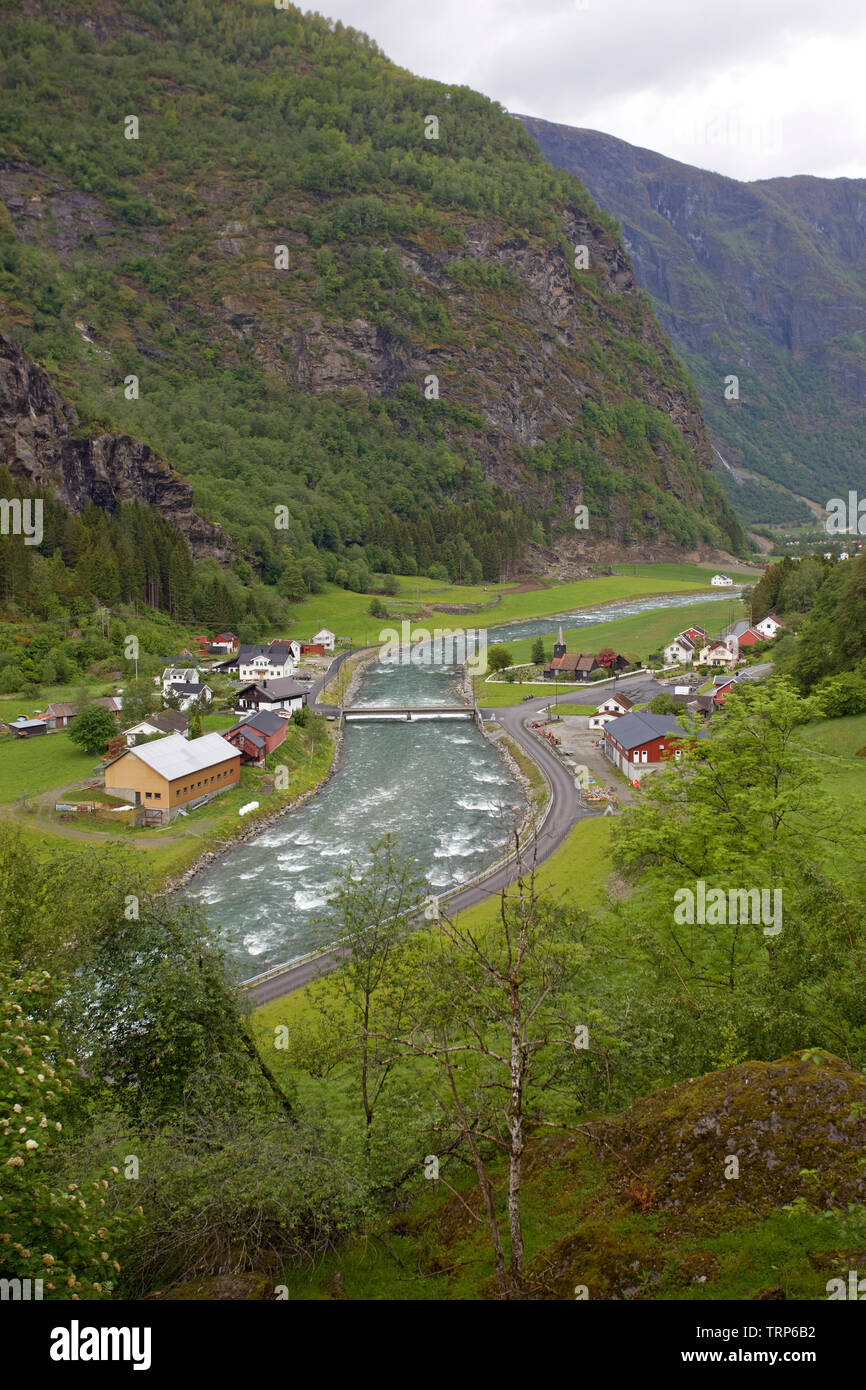 Village in the Flamsdalen valley from railway, Flam,Norway Stock Photo - Alamy