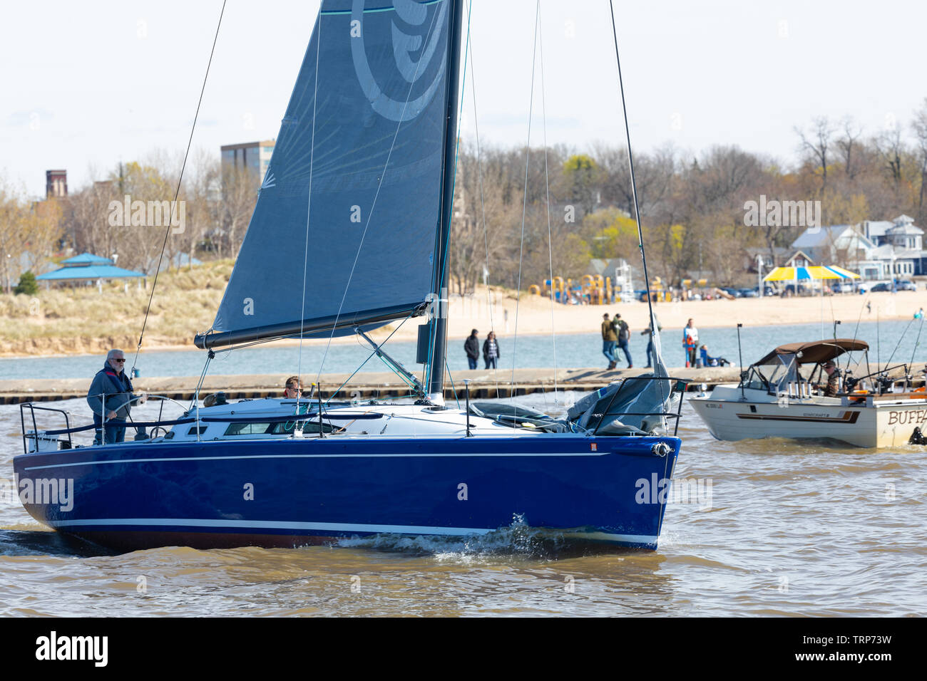 St. Joseph, Michigan, USA - May 4, 2019: Sail Boat leaving the harbor ...
