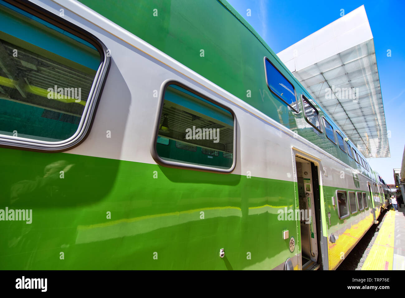 Toronto, Ontario, Canada-June 2, 2019: Toronto Go Train arriving at a ...