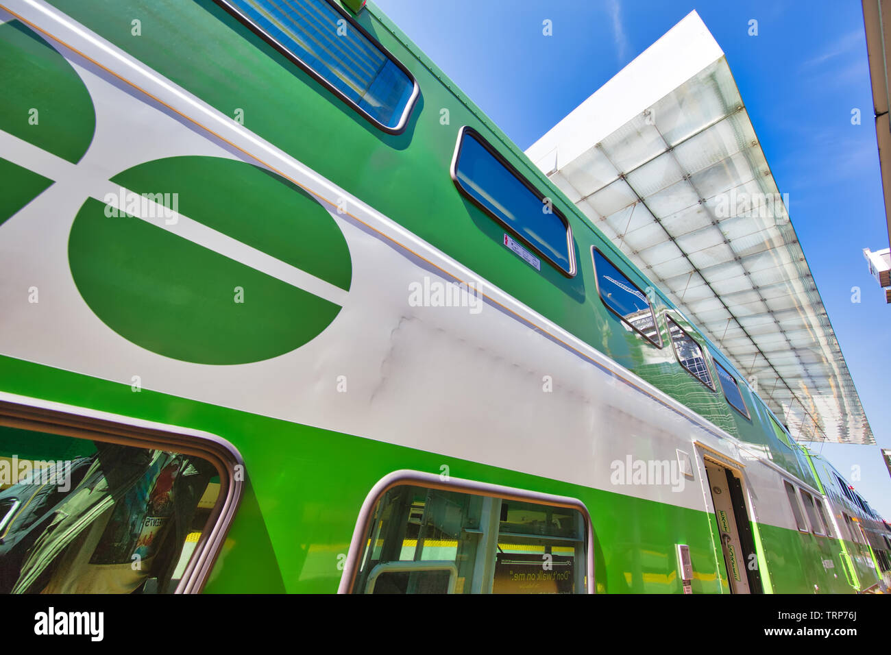 Toronto, Ontario, Canada-June 2, 2019: Toronto Go Train arriving at a ...