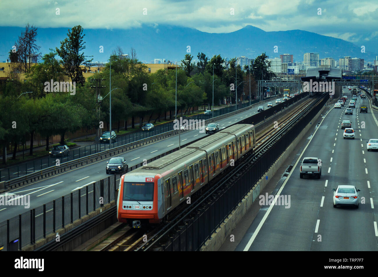 SANTIAGO, CHILE - JULY 06 2018 : Santiago Metro train in the middle of ...