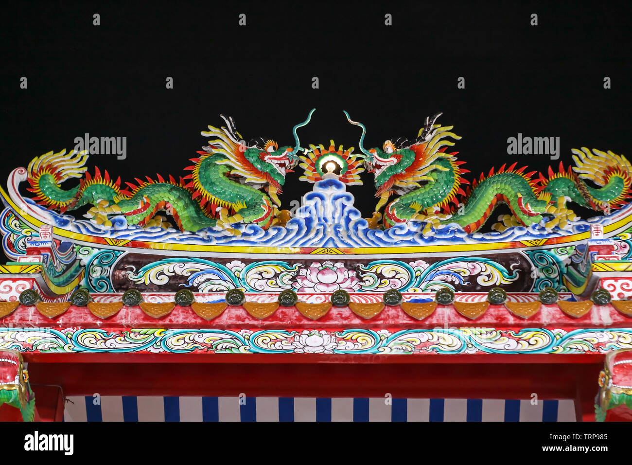 art of double dragon on top of dragon gate chinese temple and night sky ...