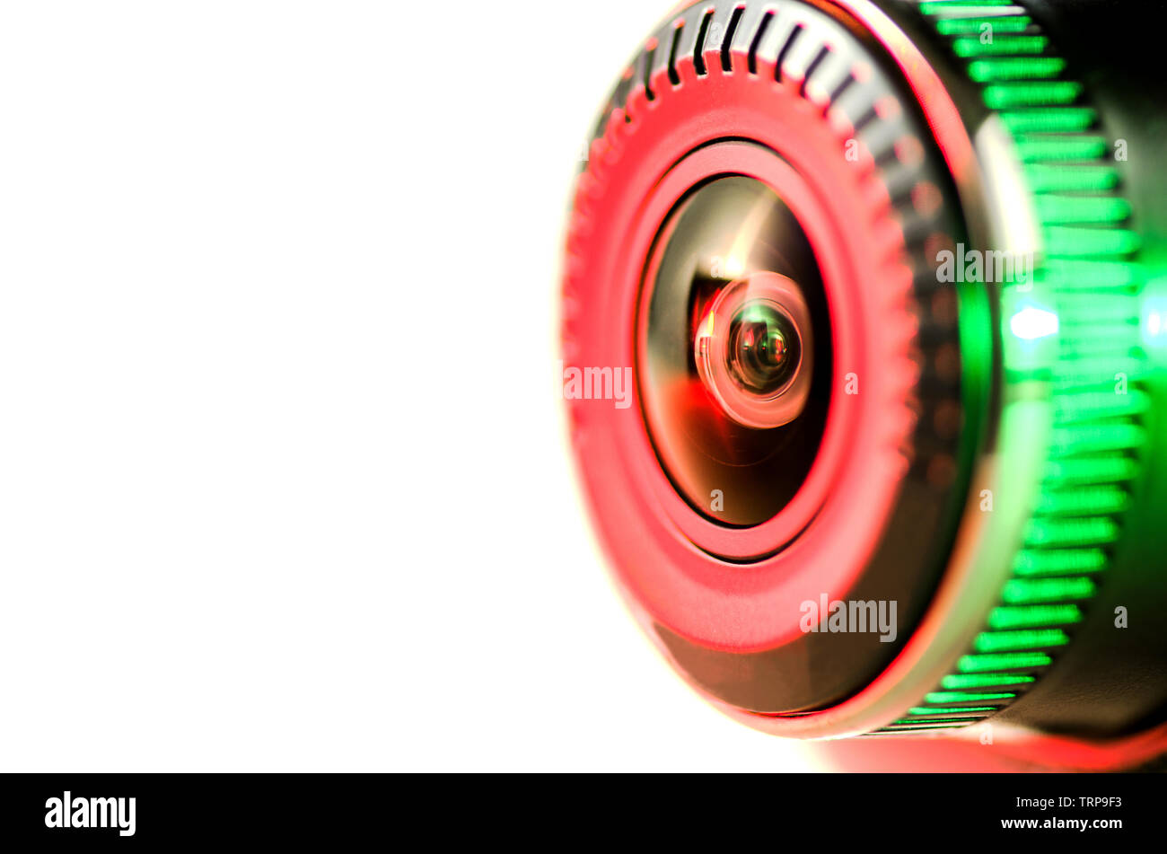 The camera lens with colored light, picture isolated on white ...
