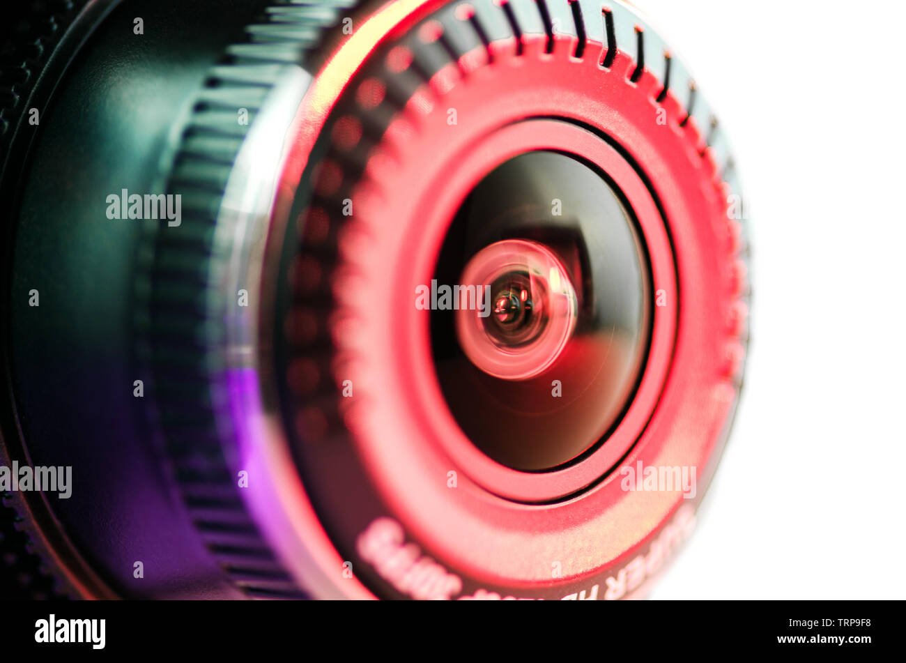 The camera lens with colored light, picture isolated on white ...