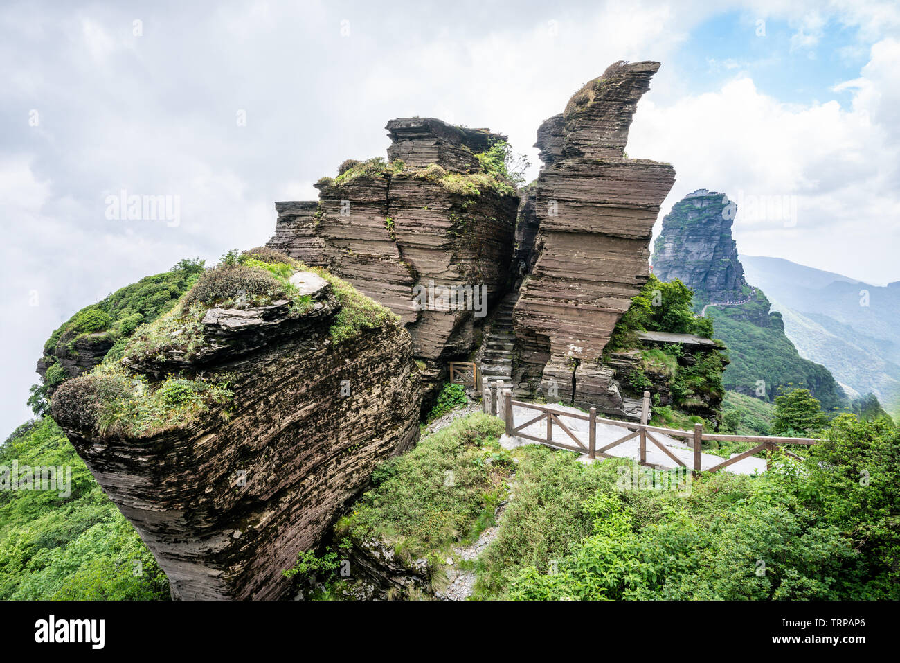 Eagle beak rock formation in Fanjing mountain with view of the new ...
