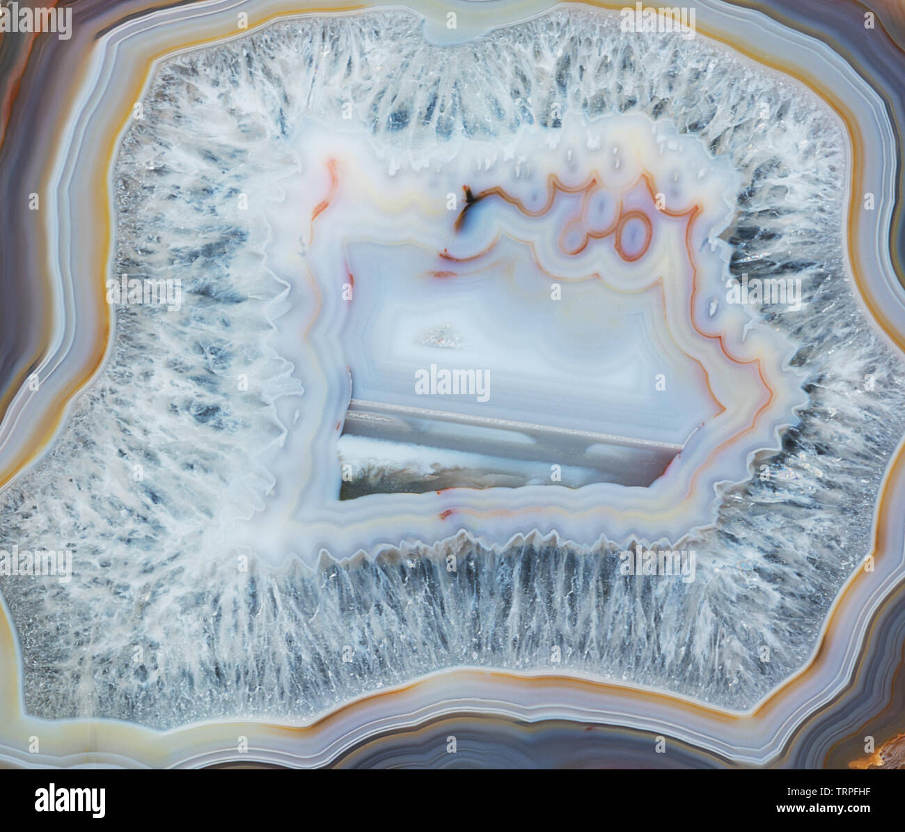 Thin slice of multicolor lacy agate geodes with concentric layers close ...