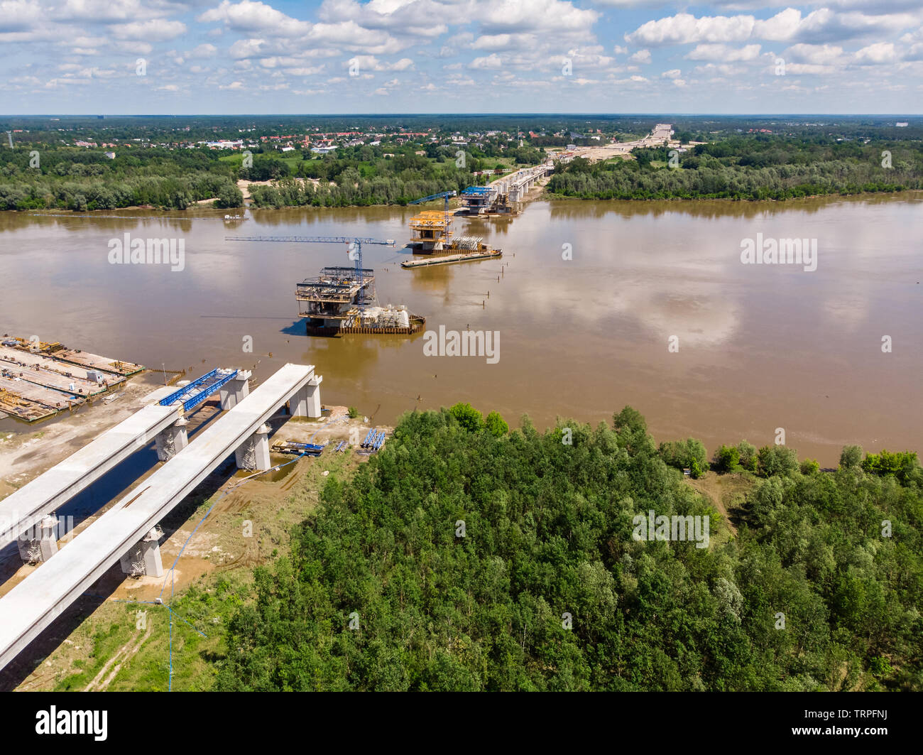 Aerial view of South Bridge construction site over Vistula river ...