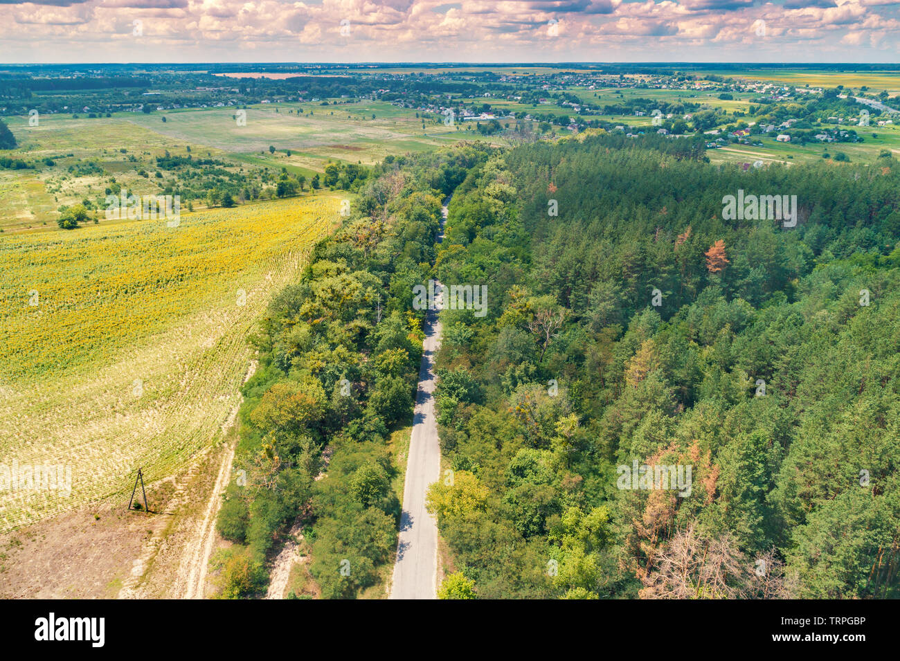 Aerial view of highway, countryside, wood, and fields Stock Photo - Alamy