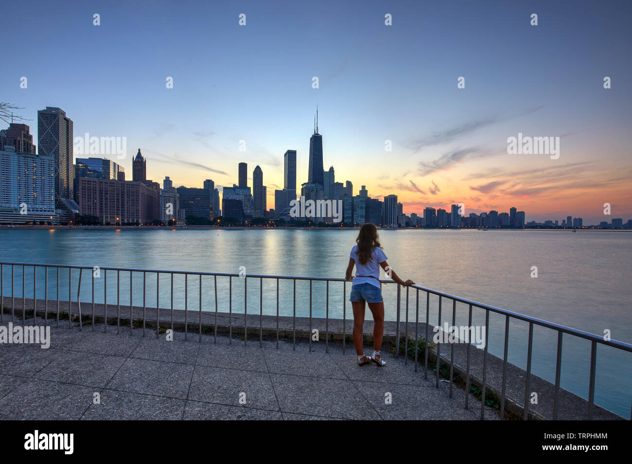 Chicago Skyline at sunset, Chicago, Illinois, United States Stock Photo ...