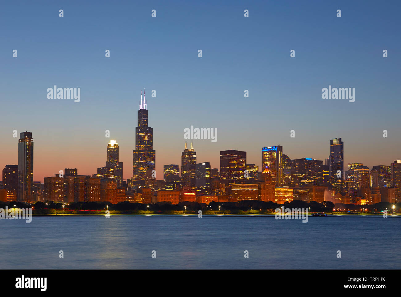 Chicago Skyline at blue hour, Chicago, Illinois, United States Stock ...