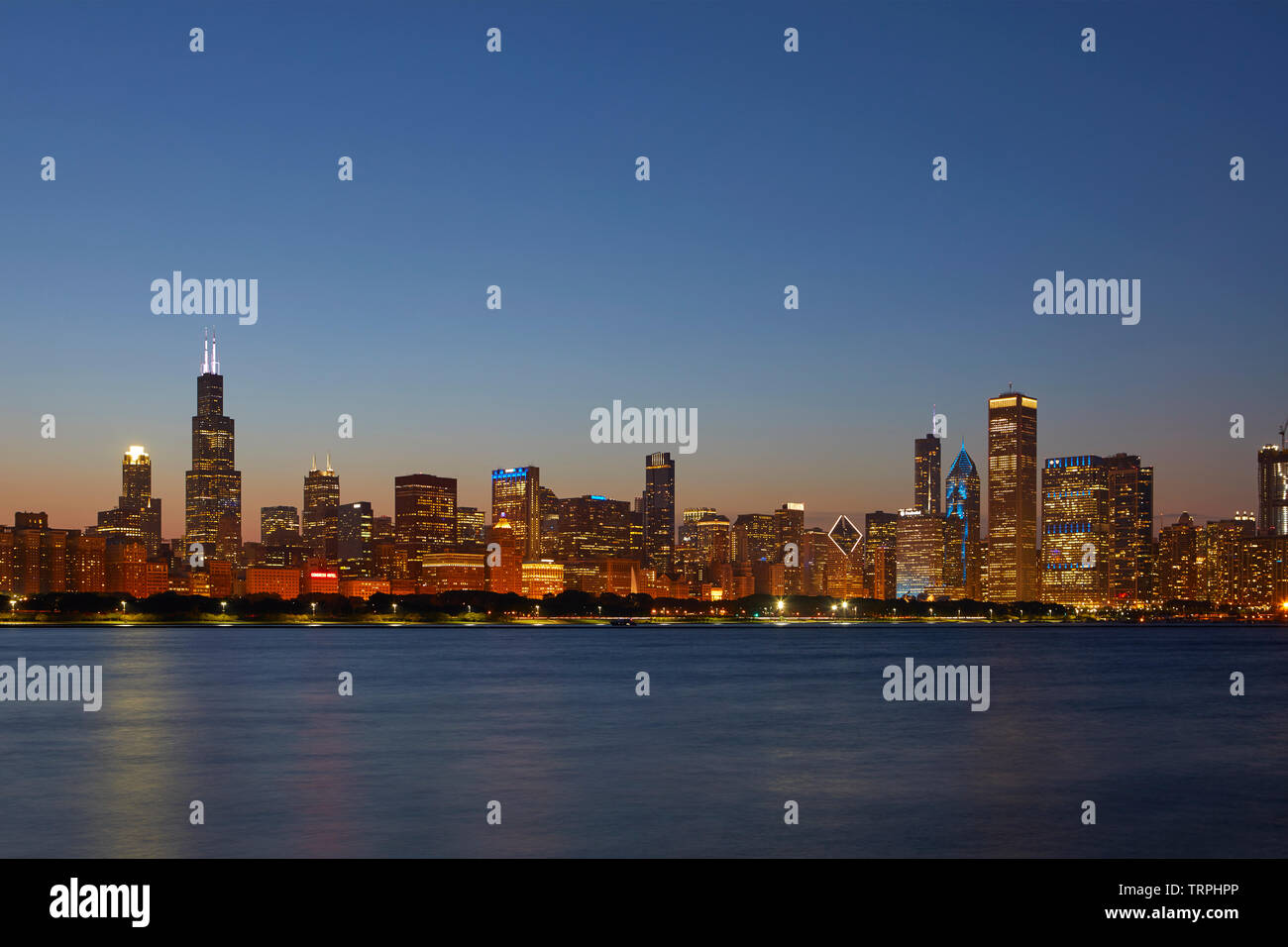 Chicago Skyline at blue hour, Chicago, Illinois, United States Stock ...