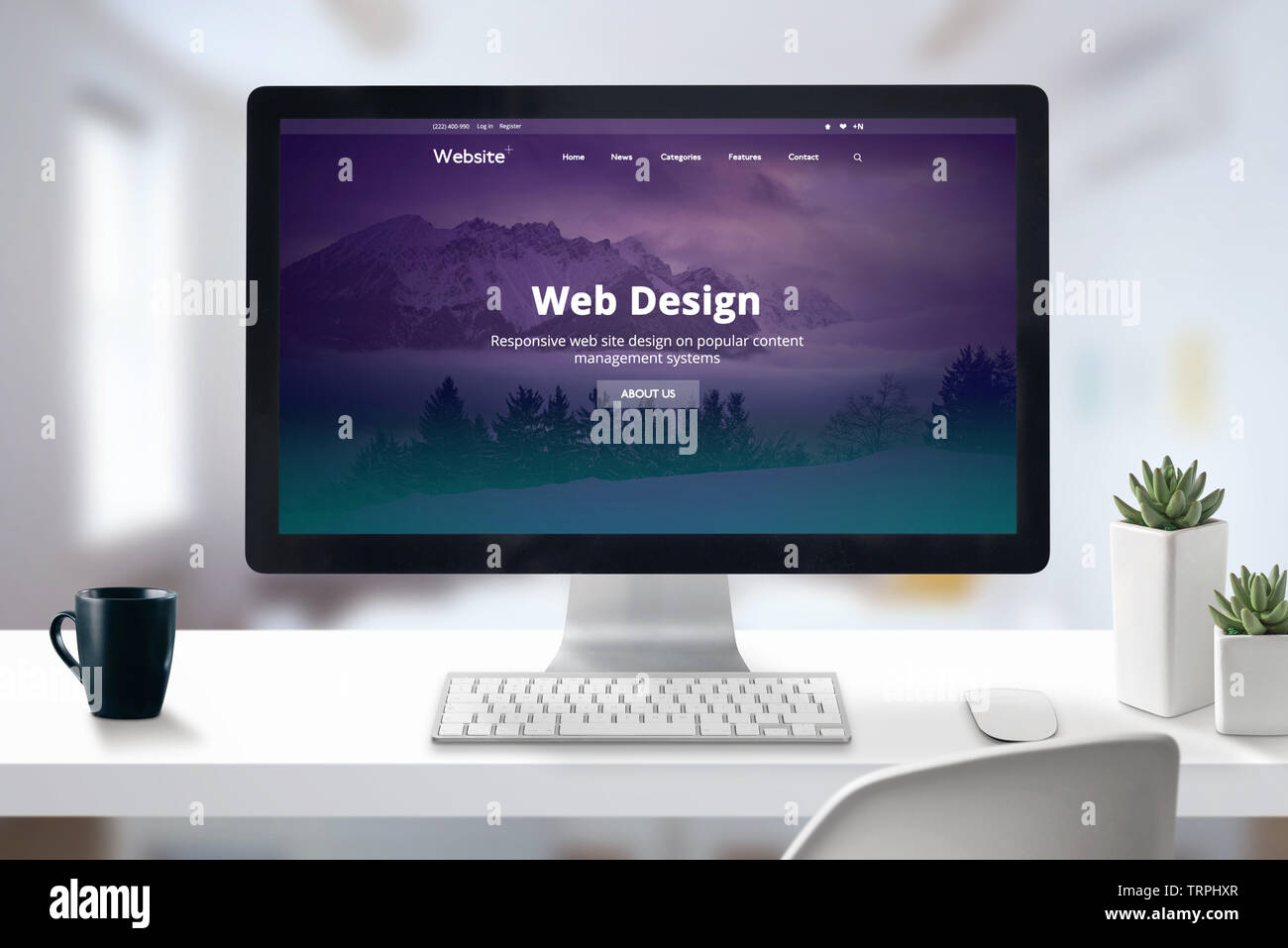 Web design studio presentation on computer display close-up. Work desk ...