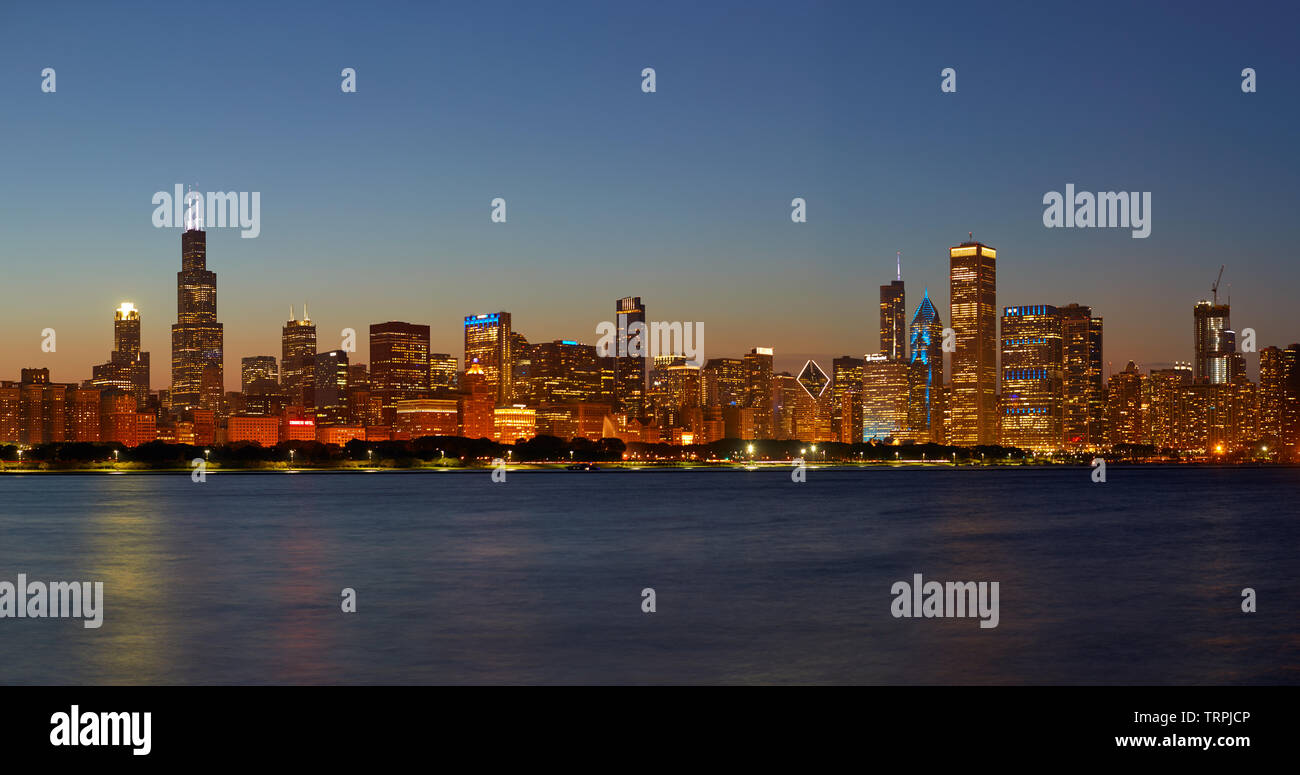 Chicago Skyline at blue hour, Chicago, Illinois, United States Stock ...