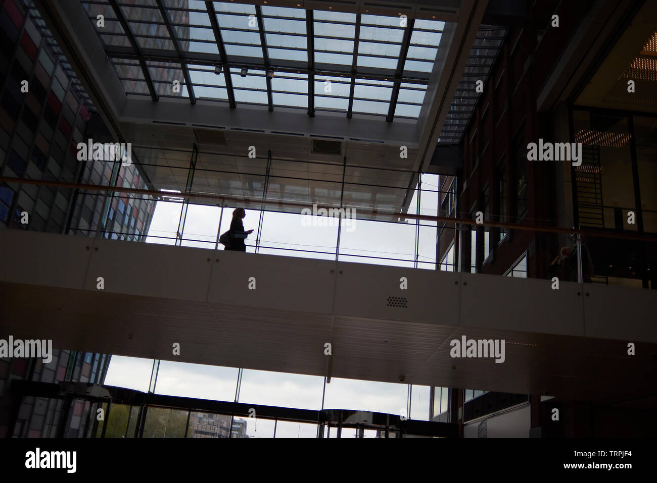 Silhouette of office workers crossing a bridge inside the office ...