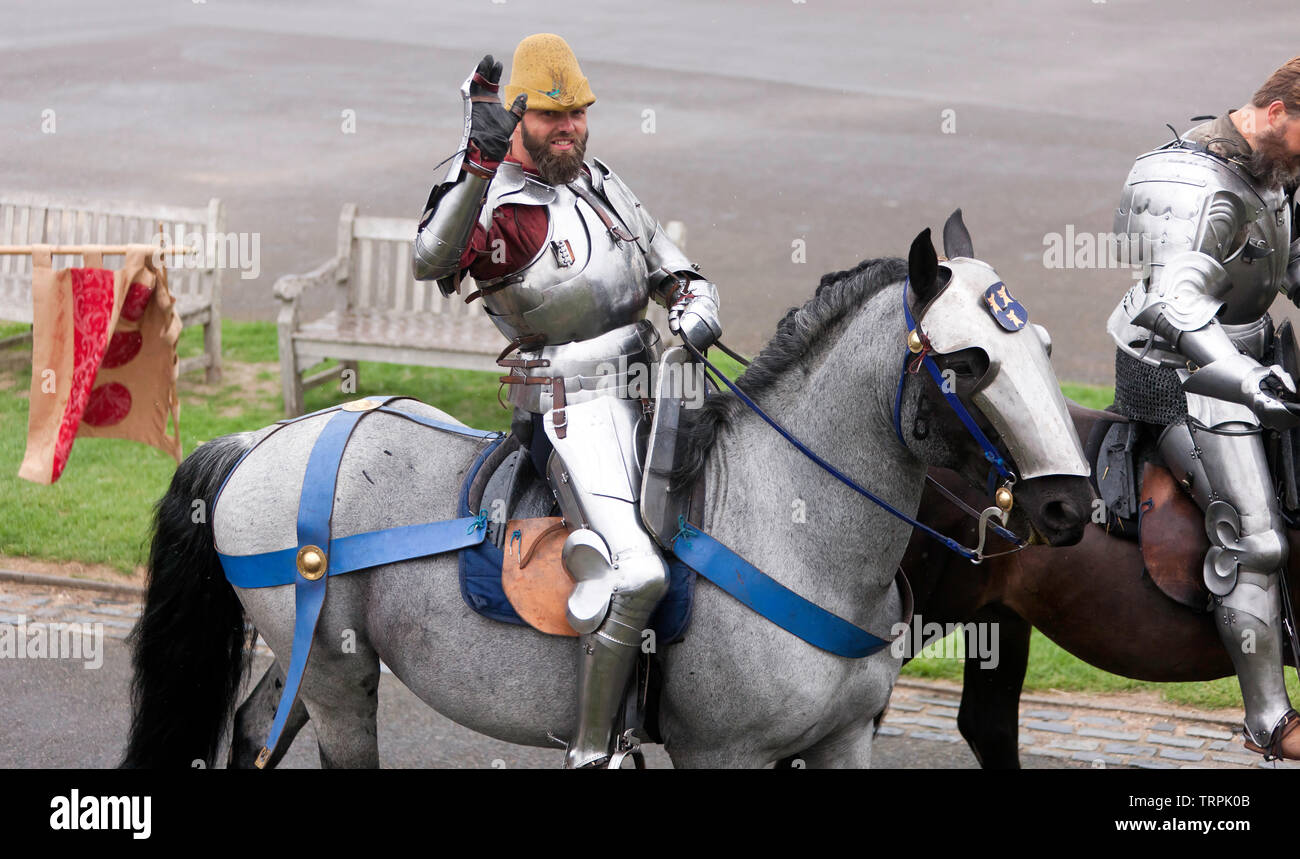Close-up of a mounted Knight in full Armour getting ready for an ...