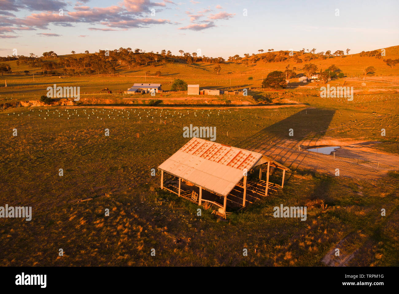 An aerial view of an old shed in the outback farmland of Googong NSW ...