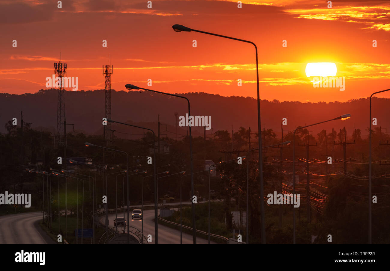 Beautiful sunrise over mountain in the morning. Big sun rise in the ...