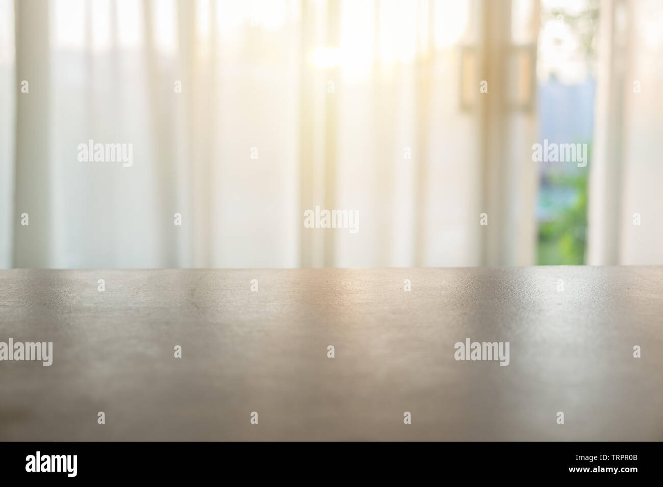Wood table top on blurred soft curtain at morning Stock Photo - Alamy