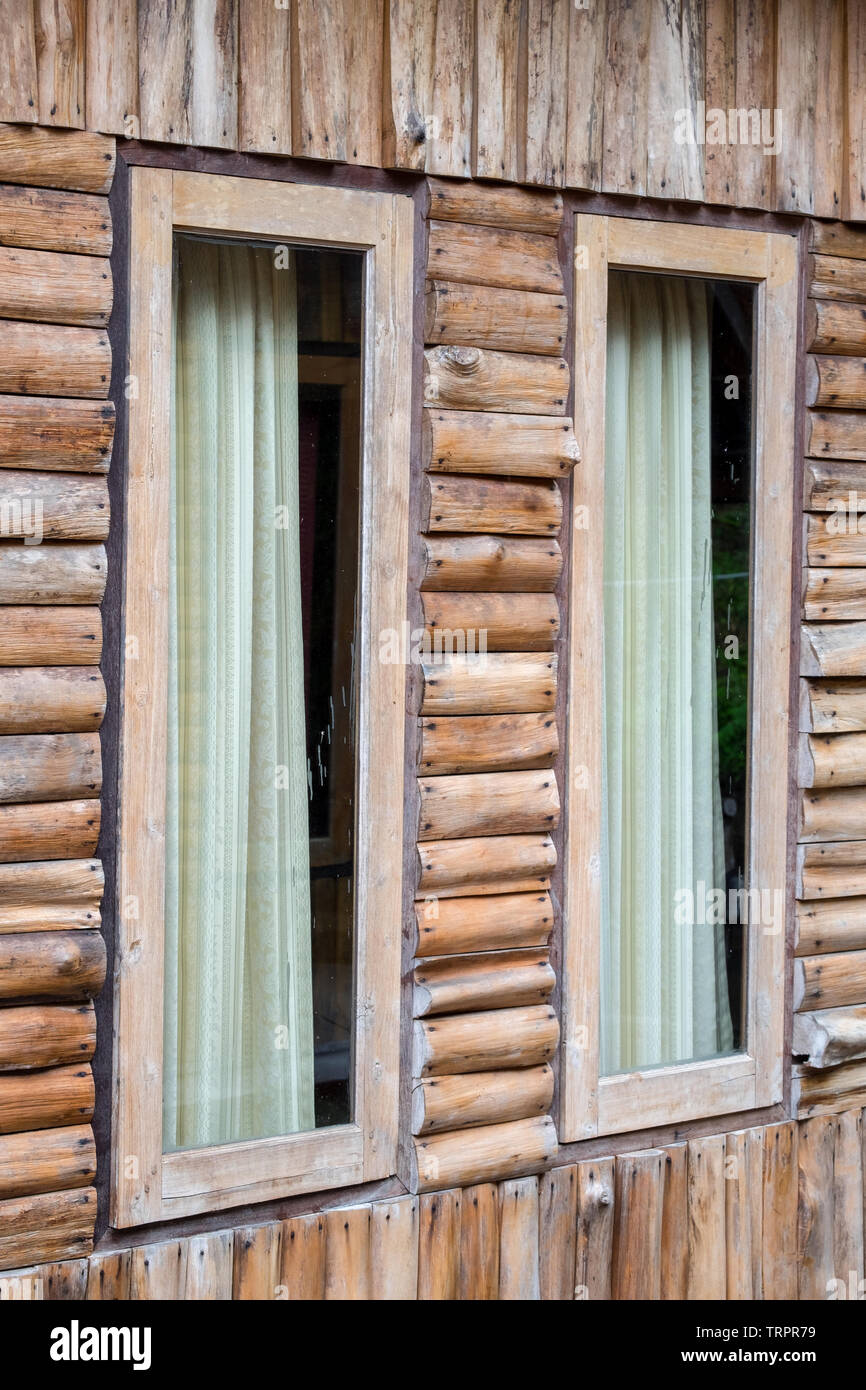 Pane window decorate teak wooden house Stock Photo - Alamy