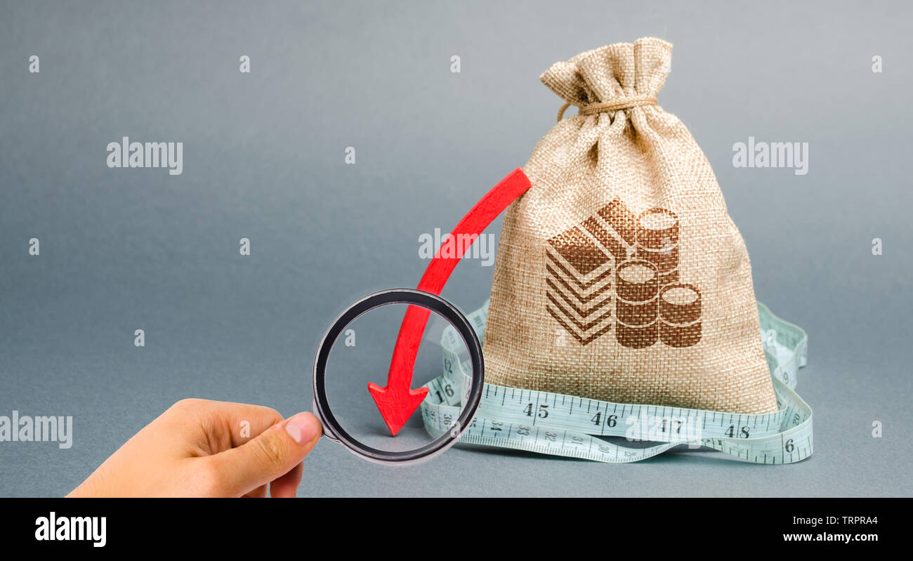 Money bag with red arrow down. The concept of reducing profits ...
